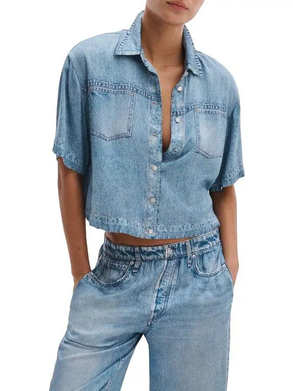 Rag & Bone Miramar Slink Abby Trompe L'oeil Faux Denim Crop Button-up Shirt - Muray