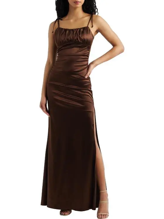 EMERALD SUNDAE Ruched Tie-strap Satin Gown - Chocolate