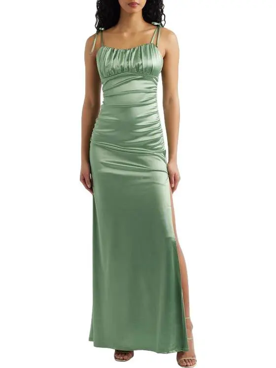 EMERALD SUNDAE Ruched Tie-strap Satin Gown - Pistachio