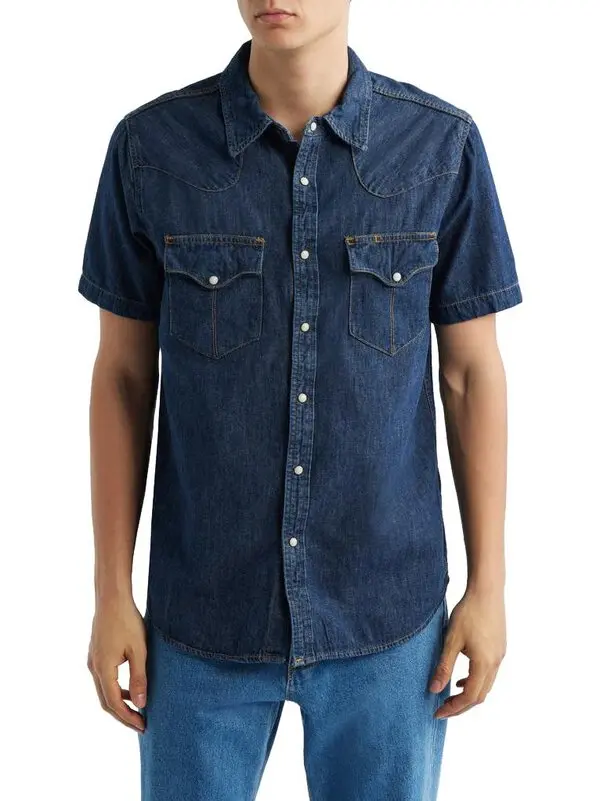 Tecovas Short Sleeve Denim Snap-up Shirt - Dark Wash