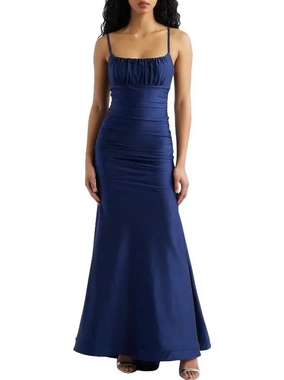 EMERALD SUNDAE Sateen Strappy Mermaid Gown - Navy
