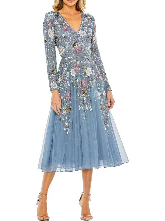 Mac Duggal Floral-embellished V-neck Long Sleeve Dress - Slate Blue Multi