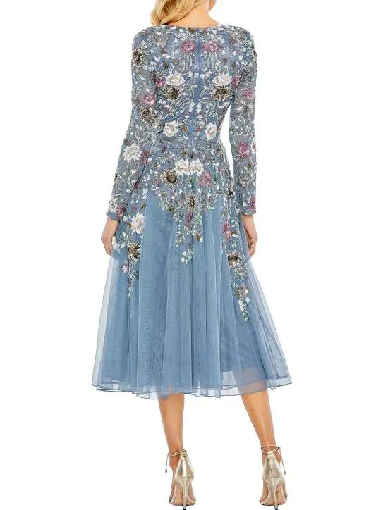 Mac Duggal Floral-embellished V-neck Long Sleeve Dress - Slate Blue Multi