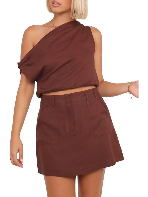 PETAL & PUP One-shoulder Crop Top - Chocolate Brown