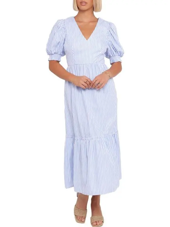 PETAL & PUP Striped Puff Sleeve Cotton Midi Dress - Blue Stripe