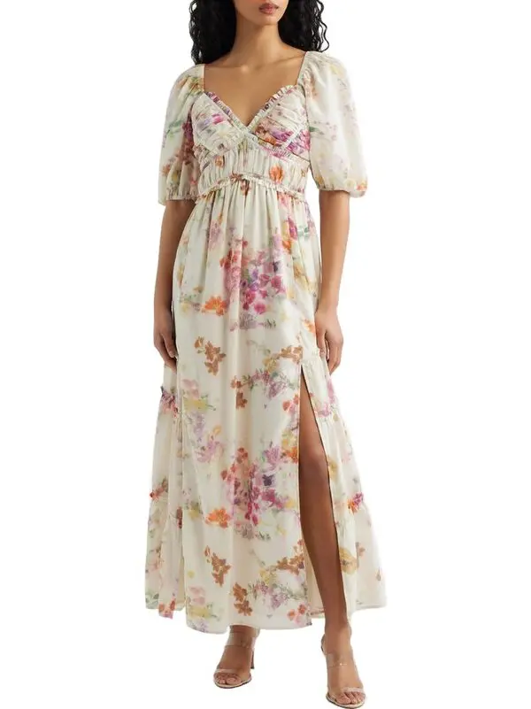 Lulus Madison Ruffle Puff Sleeve Maxi Dress - Ivory Multi Floral