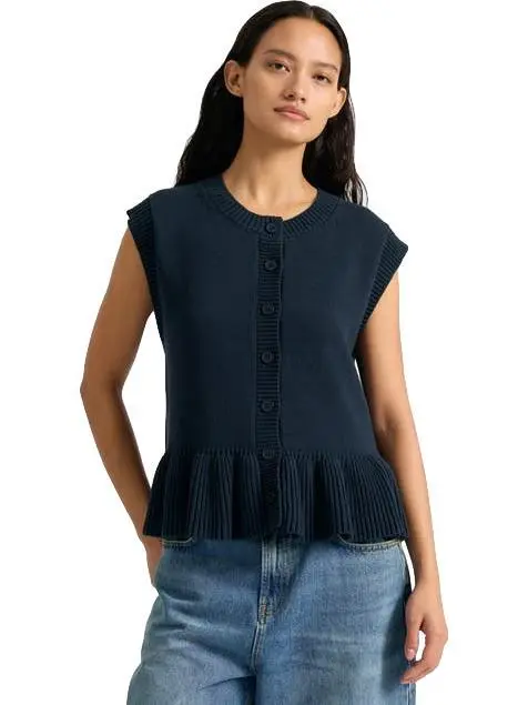 ALBARAY Peplum Knitted Button Tank Top - Navy