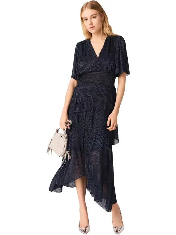 Maje Metallic Ruffled Midi Wrap Dress - Navy