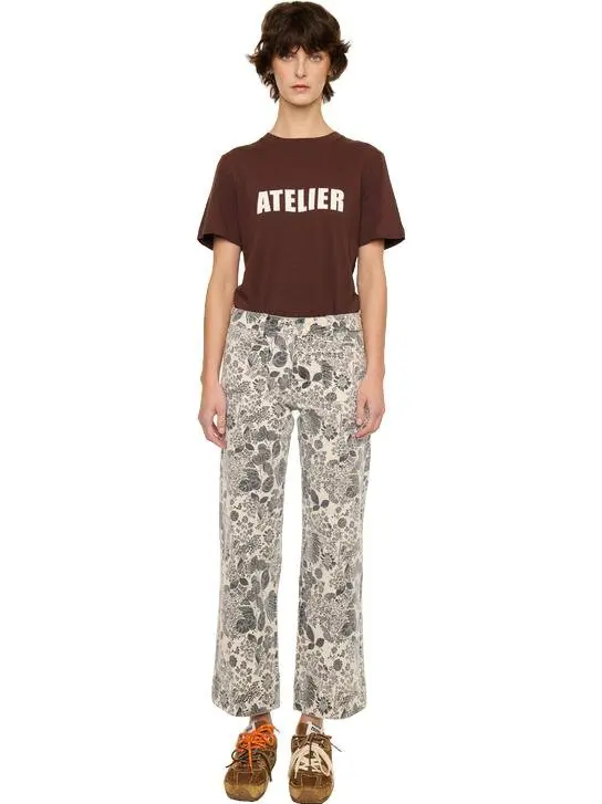 KANCAN Shera Mid Rise Ankle Wide Floral Jeans - Ecru