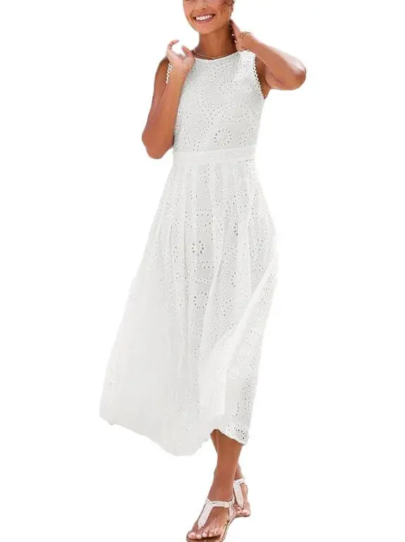 LASCANA Sleeveless Eyelet Maxi Dress - White