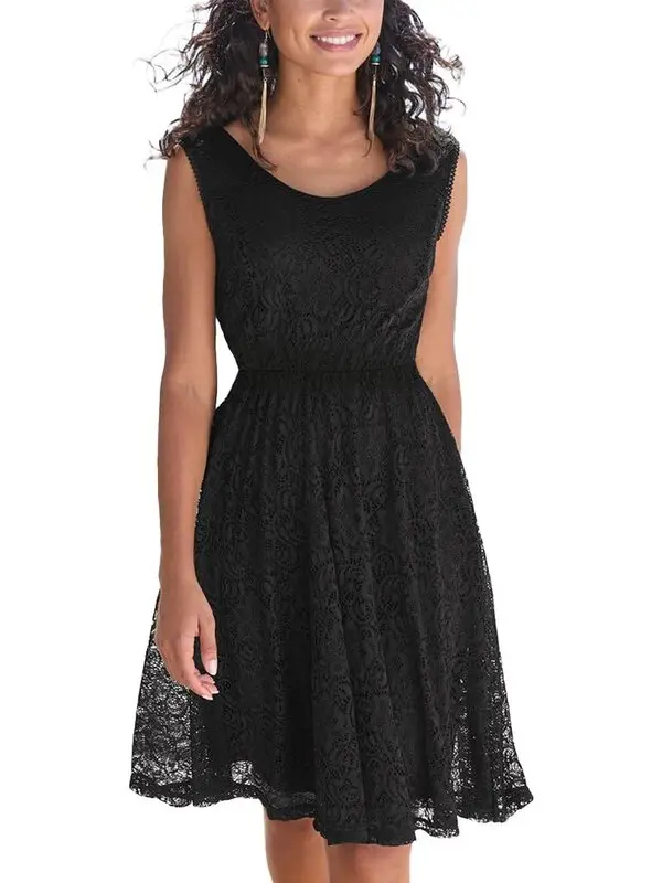 LASCANA Sleeveless Lace Fit And Flare Dress - Black