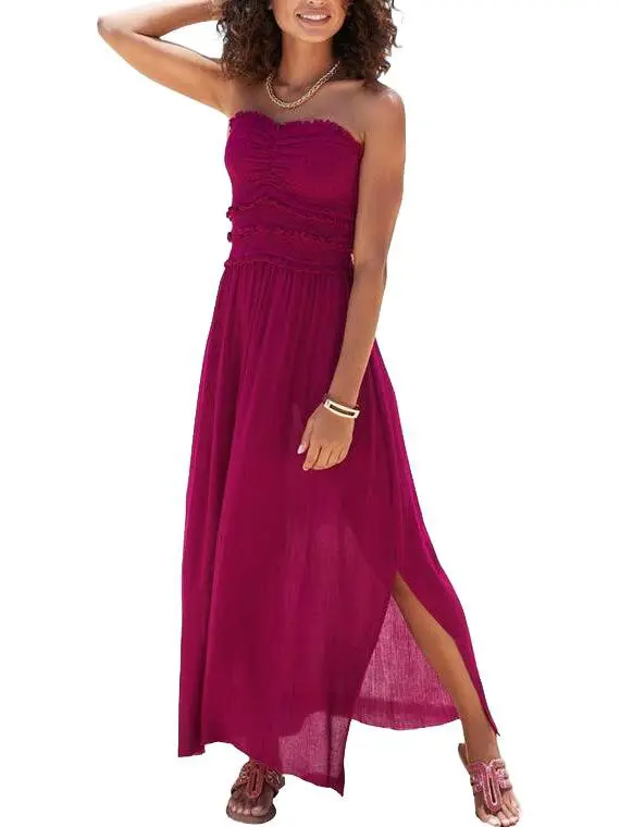 LASCANA Strapless Ruffle Detail Maxi Dress - Wine