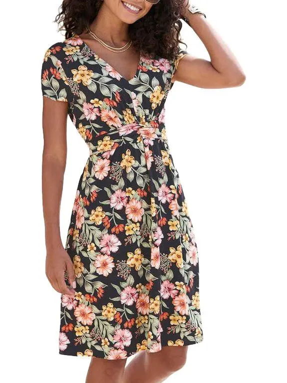 LASCANA Floral Short Sleeve A-line Dress - Black Printed