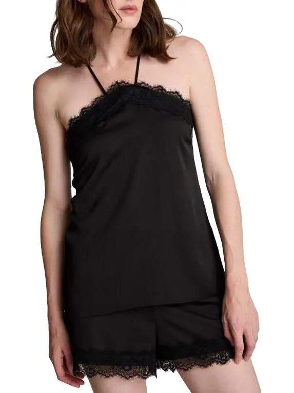 KENNETH COLE Eyelash Lace Trim Satin Top - Black