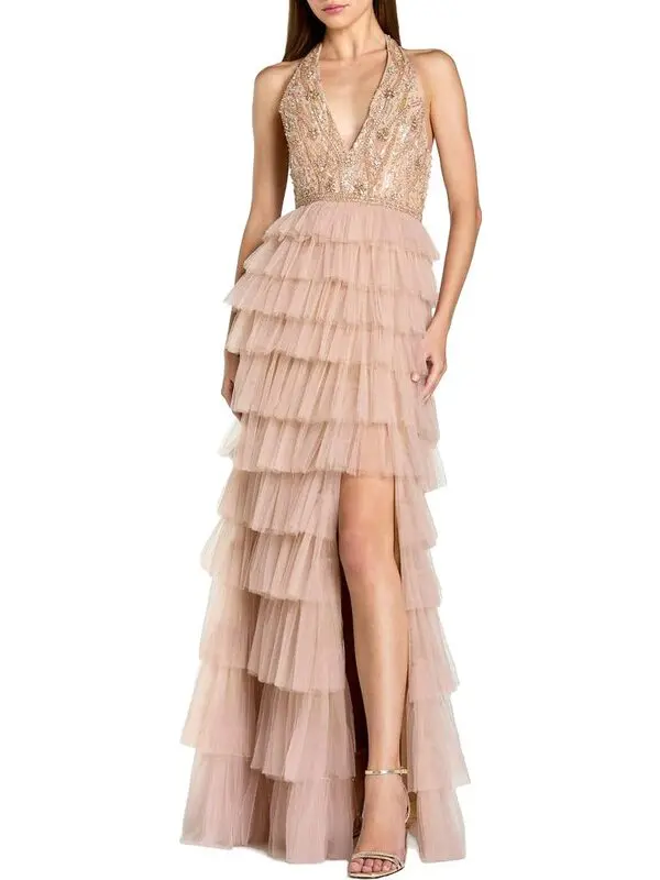 Mac Duggal Beaded Tulle Sleeveless V-neck Ruffle Column Gown - Nude