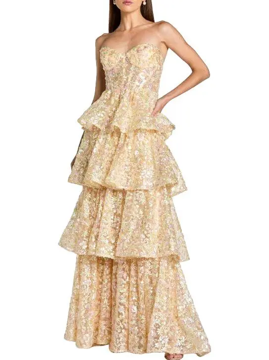 Mac Duggal Strapless Sweetheart Neck Tiered Ruffle Gown - Nude Multi