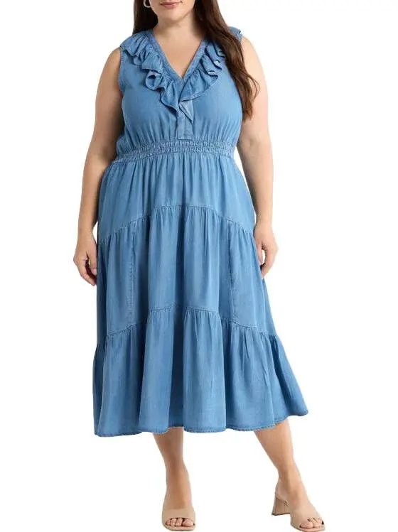 Caslon Ruffle Neck Sleeveless Chambray Midi Dress - Medium Wash