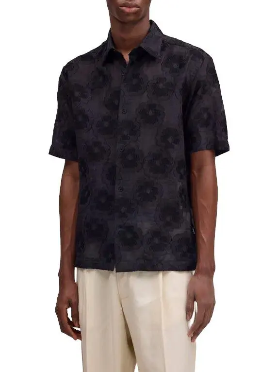 Nn07 Freddy 50045 Embroidered Floral Short Sleeve Cotton Blend Button-up Shirt - Black