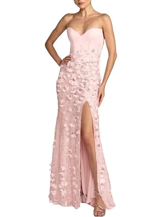 Mac Duggal Floral Satin Strapless Sweetheart Gown With Slit - Blush