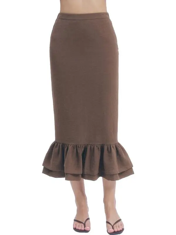 MAUDE CLUB Tennessee Linen-blend Midi Skirt - Brown