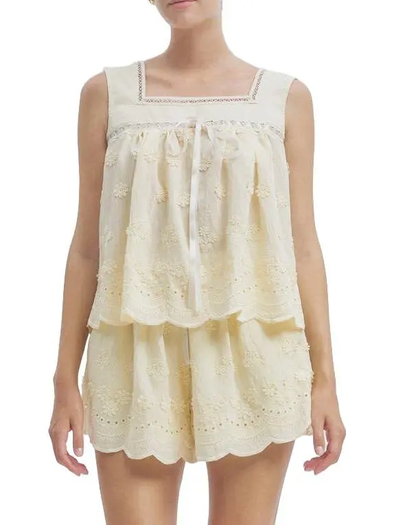 MAUDE CLUB Odette Floral Appliqué Babydoll Top - Butter Yellow