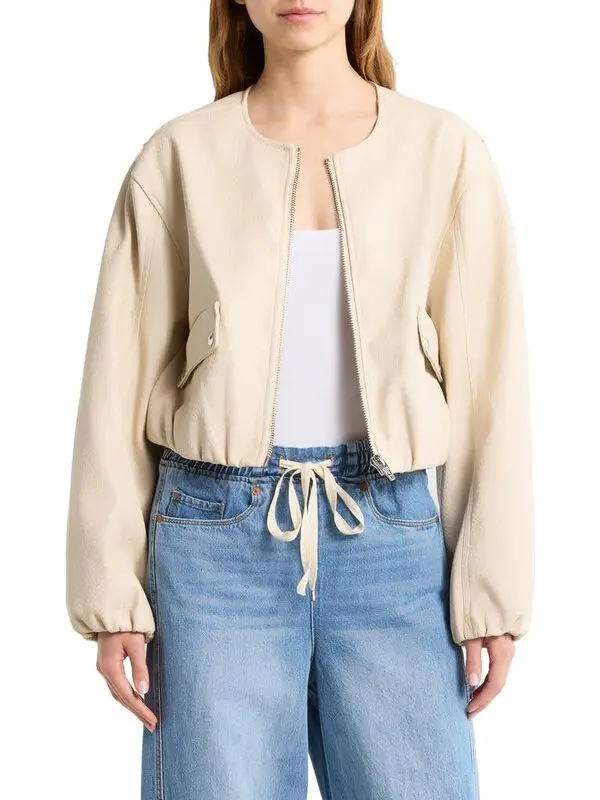 Blanknyc Faux Leather Collarless Bomber Jacket - Picture Perfect-stone