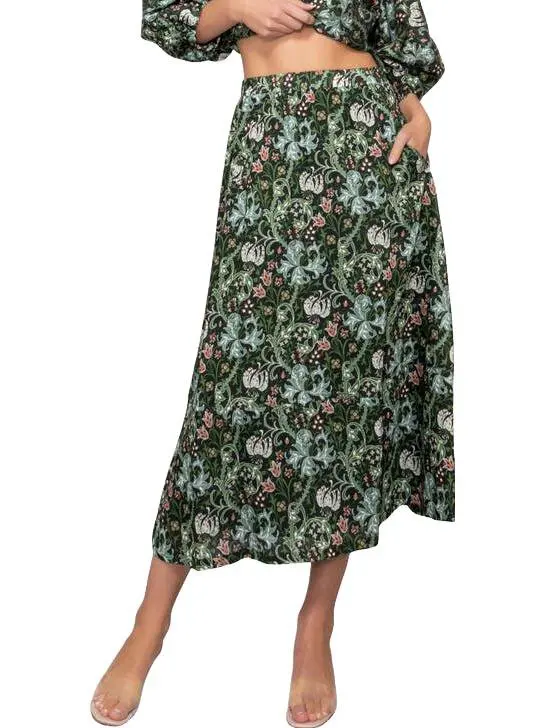 MELLODAY Printed Midi Skirt - Green Multi