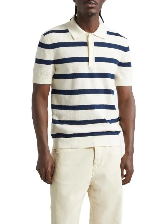 Balmain Marinière Stripe Cotton Blend Terry Cloth Polo - Natural/navy