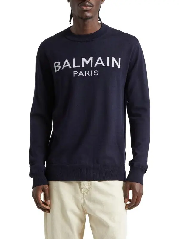 Balmain Paris Logo Jacquard Merino Wool Sweater - Navy/natural