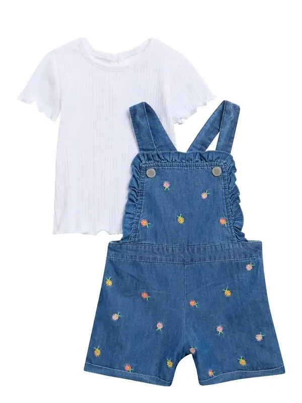 LITTLE ME Embroidered Denim Shortalls With Short Sleeve Shirt Set - Blue