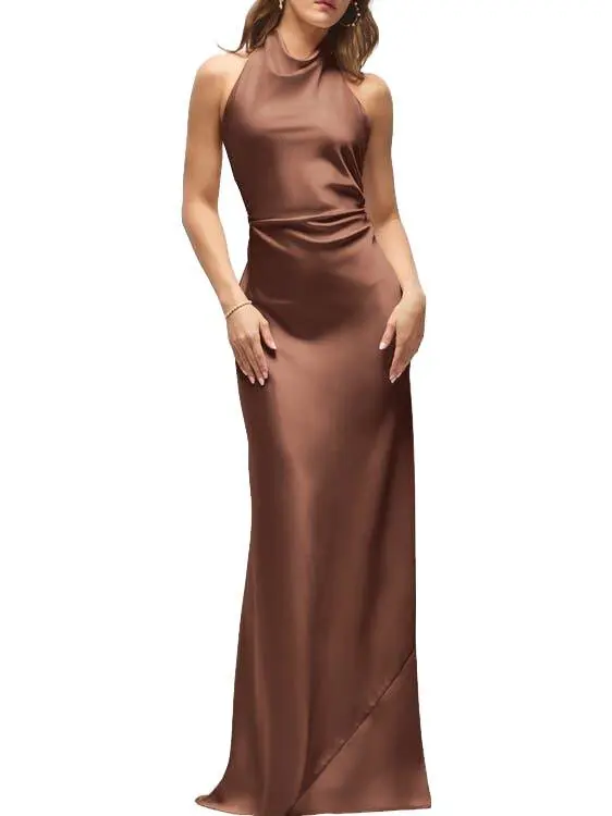 After Six Leona Bias Cut Charmeuse Halter Gown - Cognac