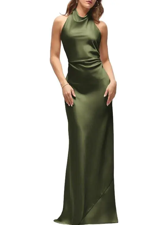 After Six Leona Bias Cut Charmeuse Halter Gown - Olive Green