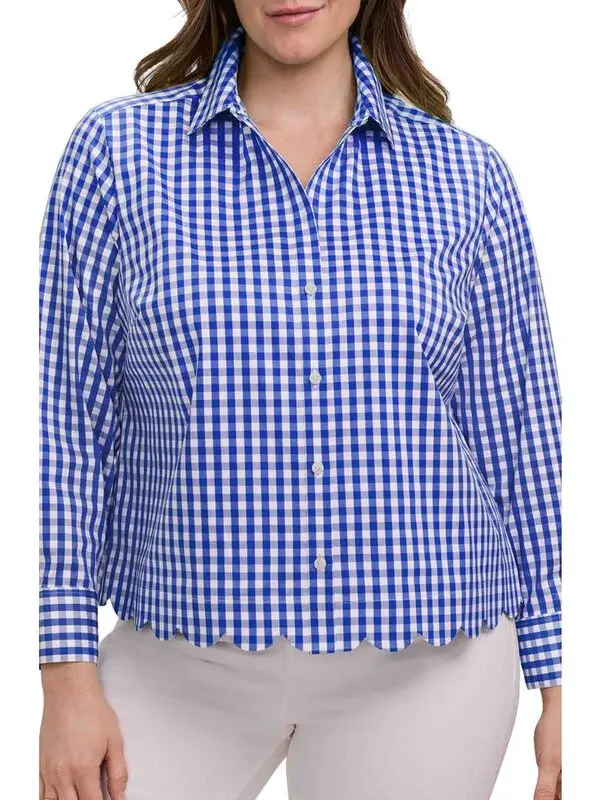 Foxcroft Gingham Button-up Shirt With Scalloped Hem - Deep Sea Blue/white