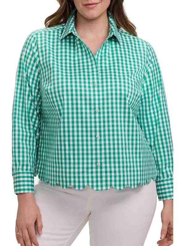 Foxcroft Gingham Button-up Shirt With Scalloped Hem - Kelly Green/white