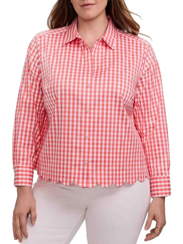 Foxcroft Gingham Button-up Shirt With Scalloped Hem - Peachy Orange/white