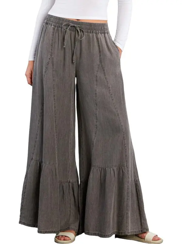 BILLY T Drawstring Waist Tiered Wide Leg Pants - Grey