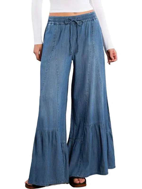 BILLY T Drawstring Waist Tiered Denim Pants - Vintage Denim
