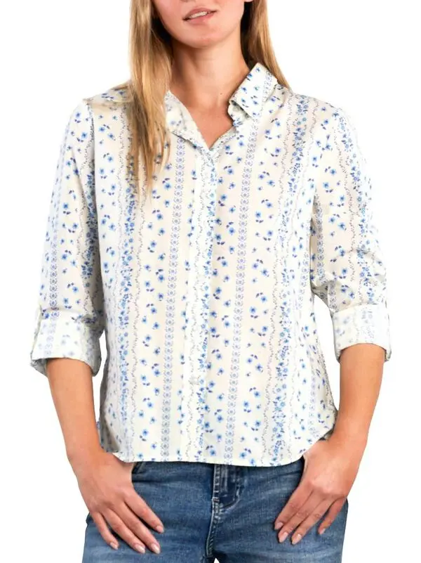 BILLY T Cotton Blend Button-up Shirt With Roll-tab Cuffs - Blue Floral Wallpaper