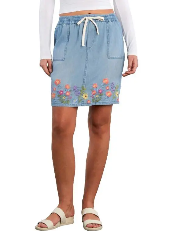 BILLY T Floral Embroidered Drawstring Denim Miniskirt - Pure Denim