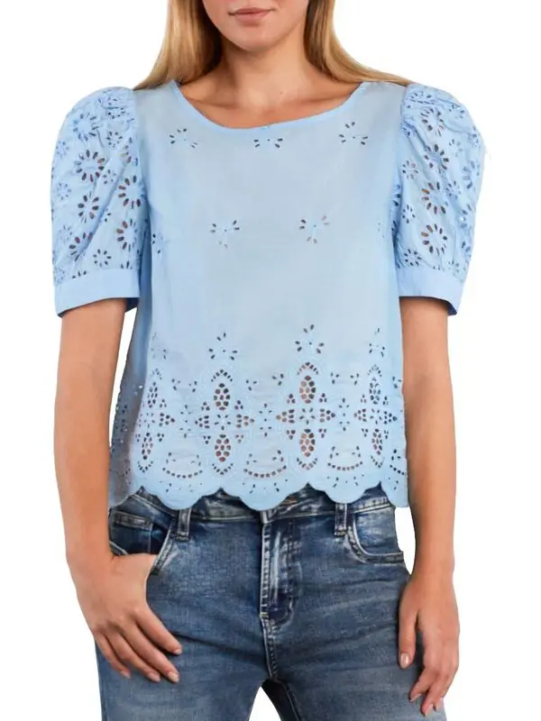 BILLY T Eyelet Puff Sleeve Top - Cerulean Blue