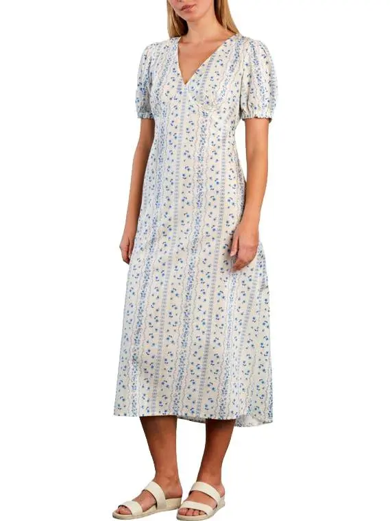 BILLY T Sunbeam Print Puff Sleeve Midi Dress - Blue Floral Wallpaper