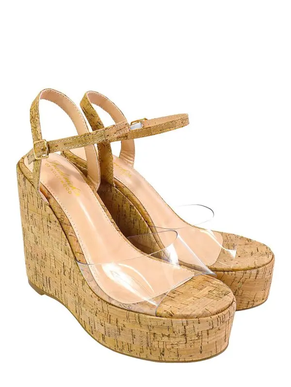 Frederick's Of Hollywood Tony Peep Toe Platform Wedges - Clear/cork