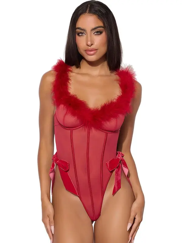 Frederick's Of Hollywood Scarlett Marabou & Mesh Teddy - Crimson Red