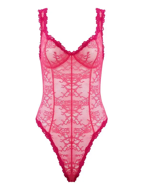 Frederick's Of Hollywood Pia Lace Wireless & Seamed Bodysuit - Purple/fuchsia