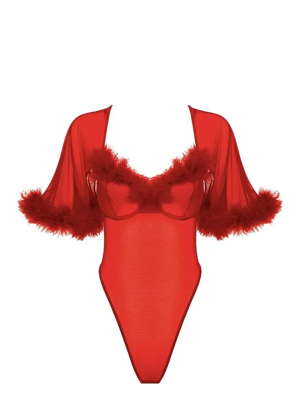 Frederick's Of Hollywood Scarlett Bell Sleeved Marabou Bodysuit - Crimson Red