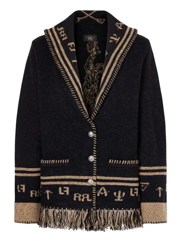 Ralph Lauren Jane Fringed Wool And Silk-blend Intarsia Cardigan - Black