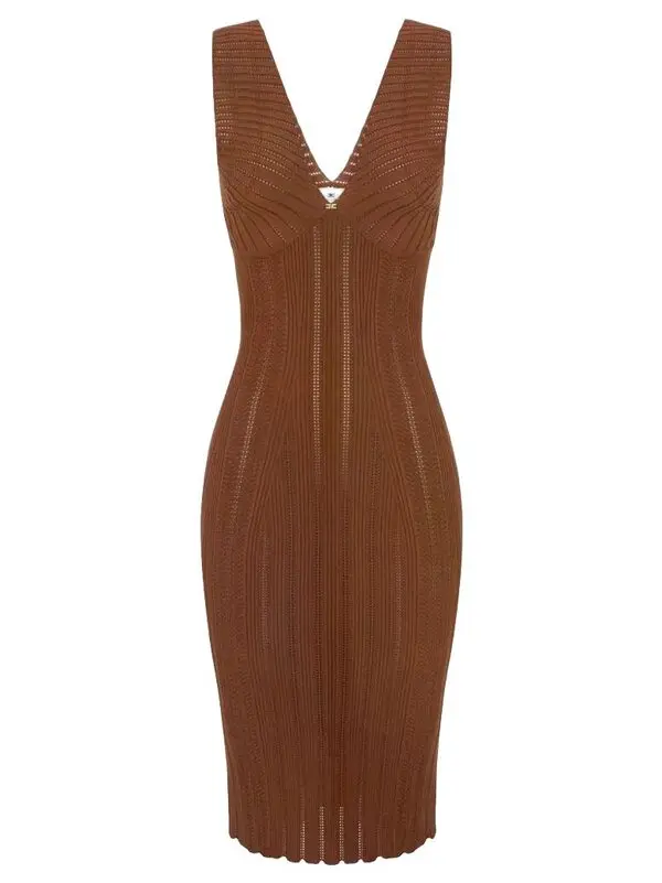 Elisabetta Franchi Knit V-neck Midi Dress - Brown