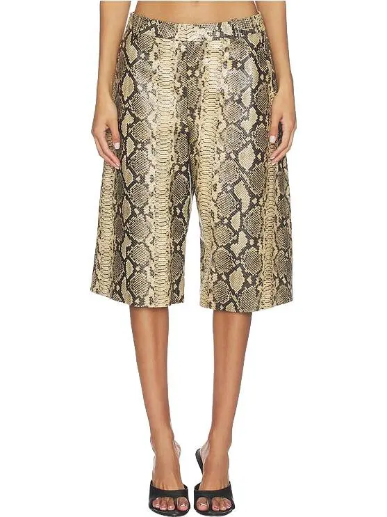 GESTUZ Mid-waist Snake Print Leather Shorts - Pale Khaki Snake