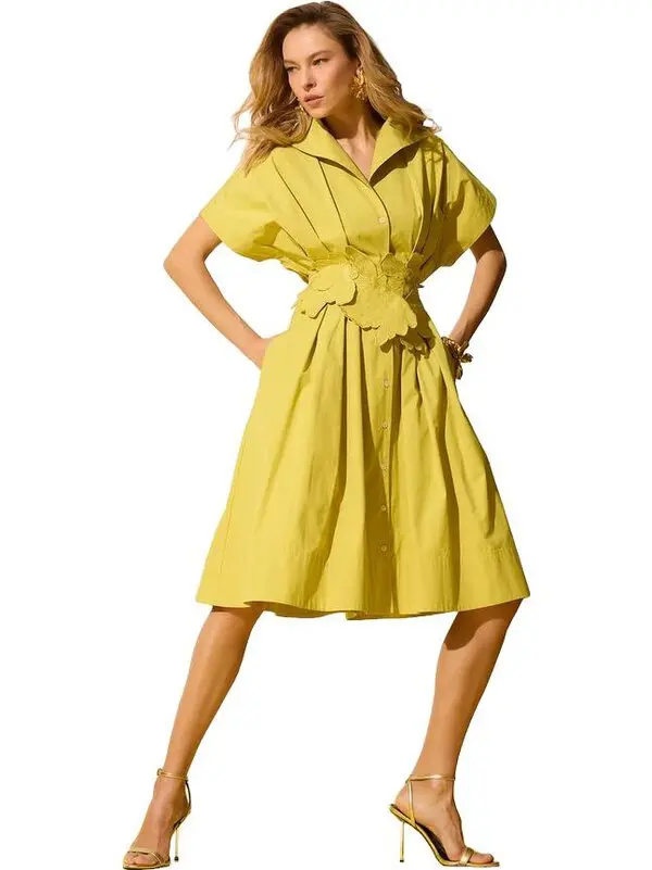 Natori Tech Cotton Taffeta Pleat Release Shirtdress - Yellow