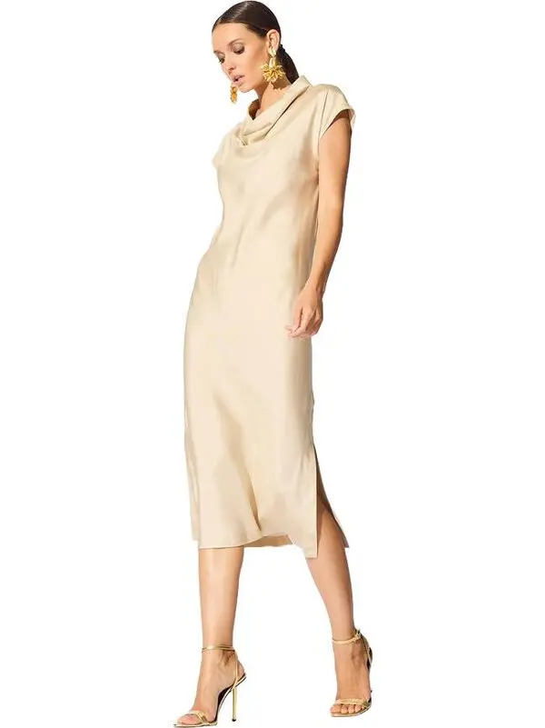 Natori Solid Silk Twill Cowl Neck Sheath Dress - Neutral / White